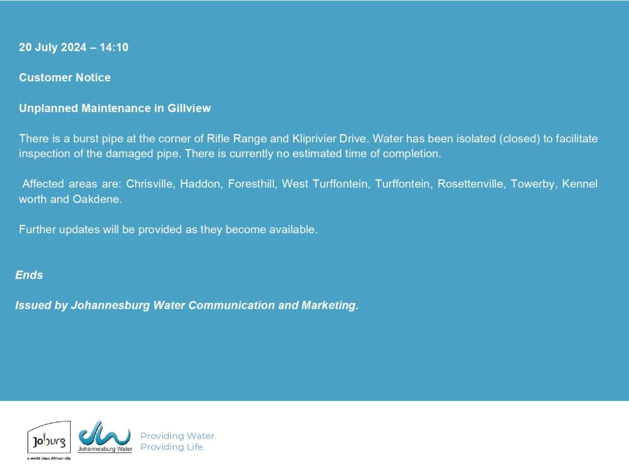 Unplanned maintenance in Gillview | Johannesburg Water