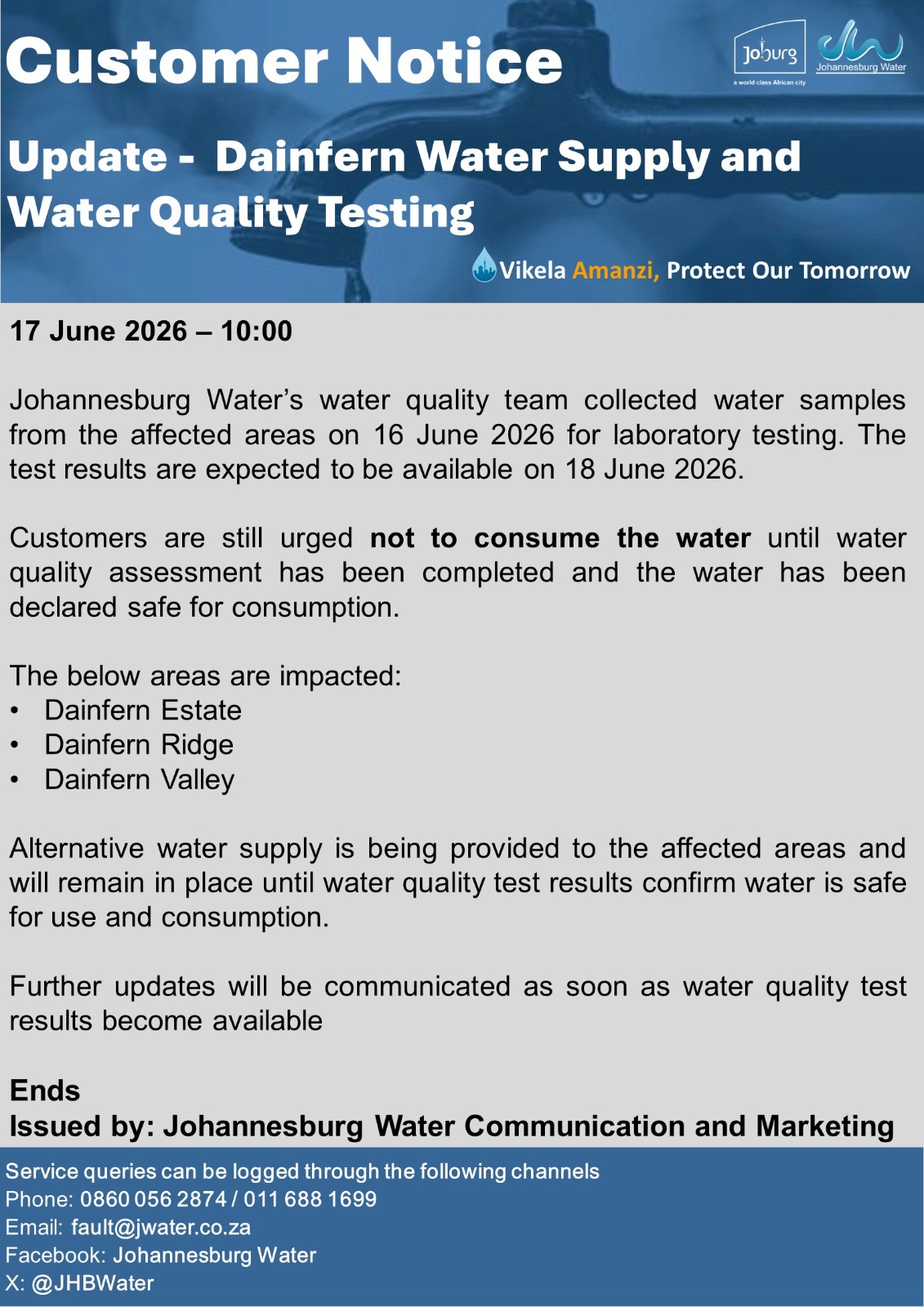 Customer Notice 17 June 2026 | Johannesburg Water