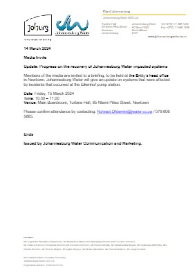 Media Invites | Johannesburg Water