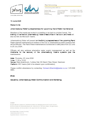 Media Invites | Johannesburg Water